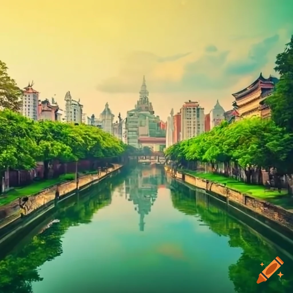 Vibrant asian city with lush greenery on Craiyon