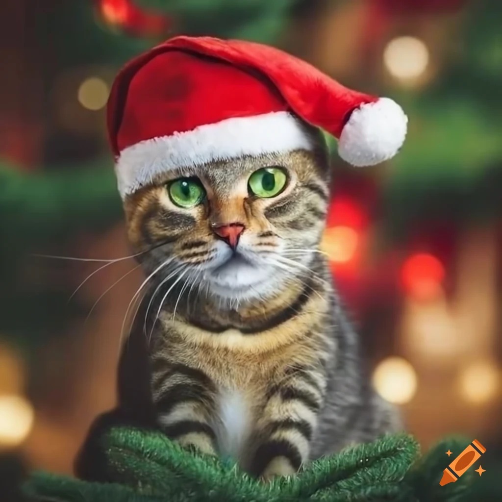 Tabby cat with santa hat looking at christmas tree