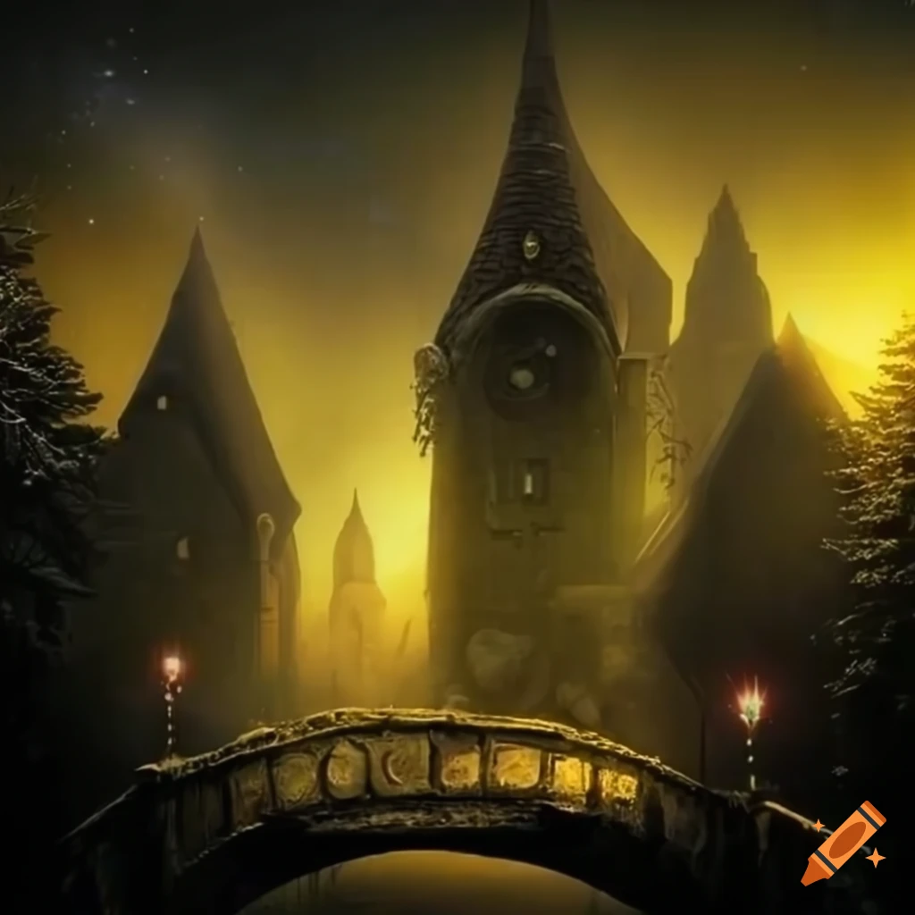 Medieval fantasy monastery in cold winter night with flickering torches ...