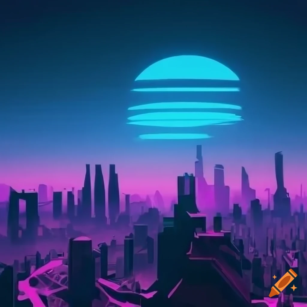 Cybernetic synthwave city with robots having a war on Craiyon