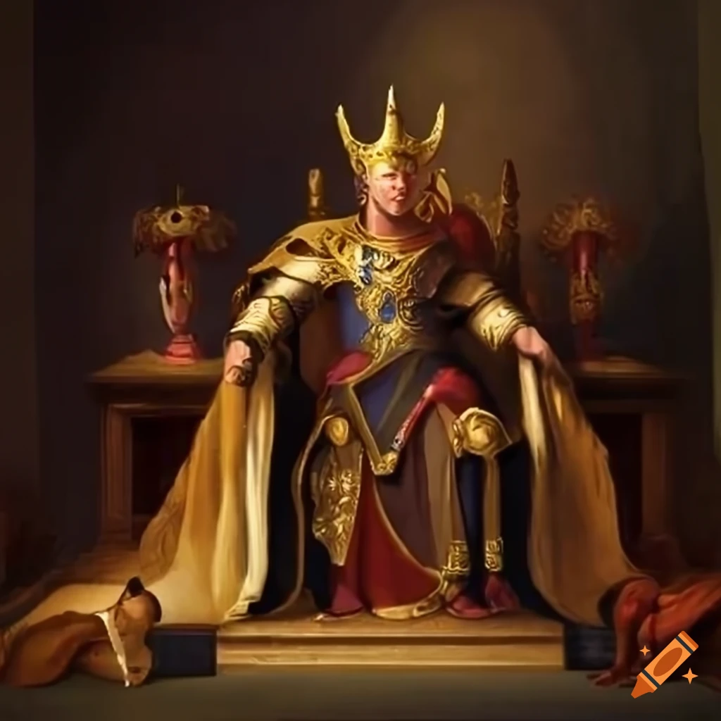 Image of a king sitting on a throne with people kneeling beside on Craiyon