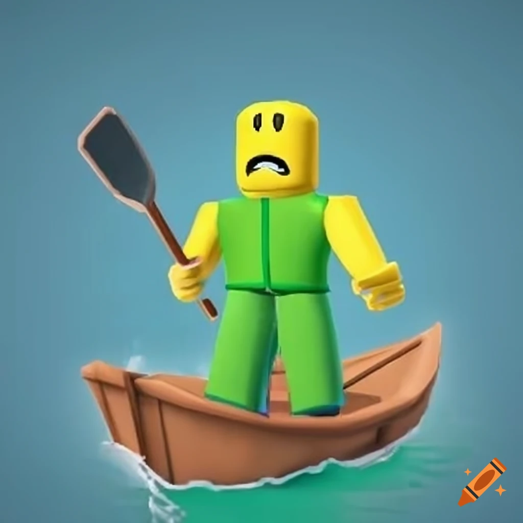 Roblox game icon with a noob leaving an island in a boat on Craiyon