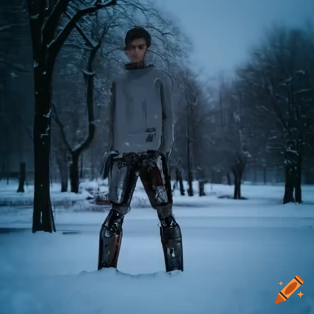 Photorealistic image of a damaged male cyborg in a snowstorm on Craiyon