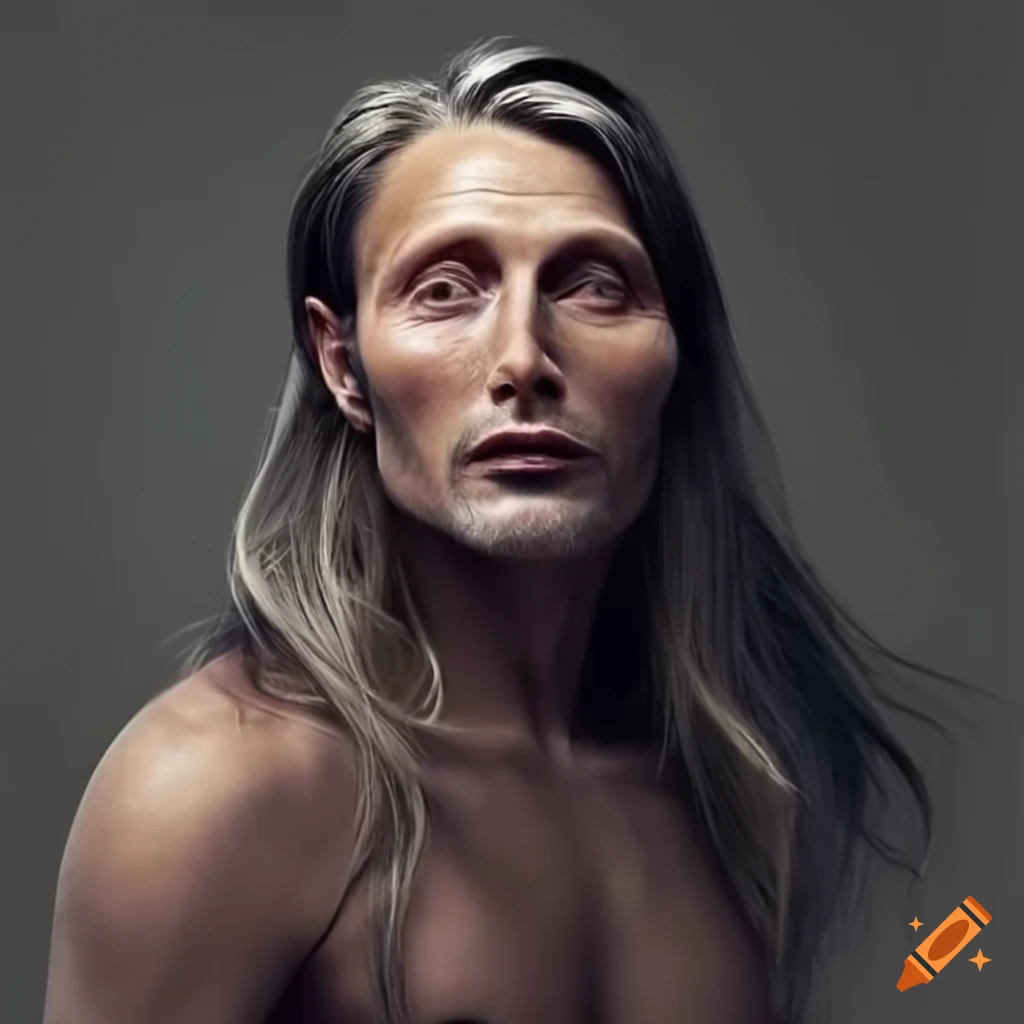Photorealistic depiction of mads mikkelsen with long hair