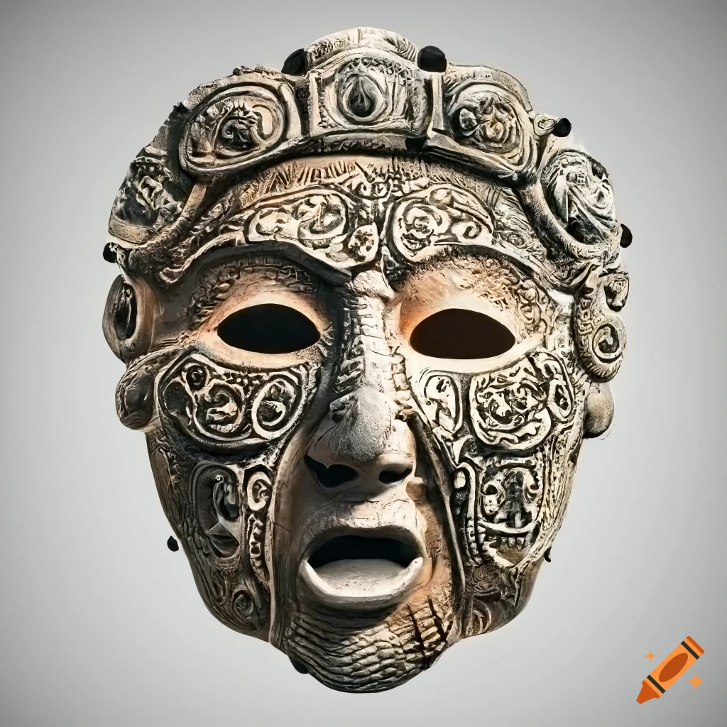 Stone engravings of etruscan masks on Craiyon