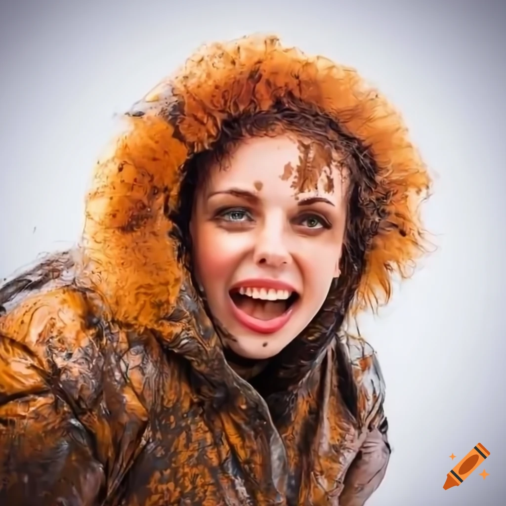 Woman in messy shiny downjacket having fun on Craiyon