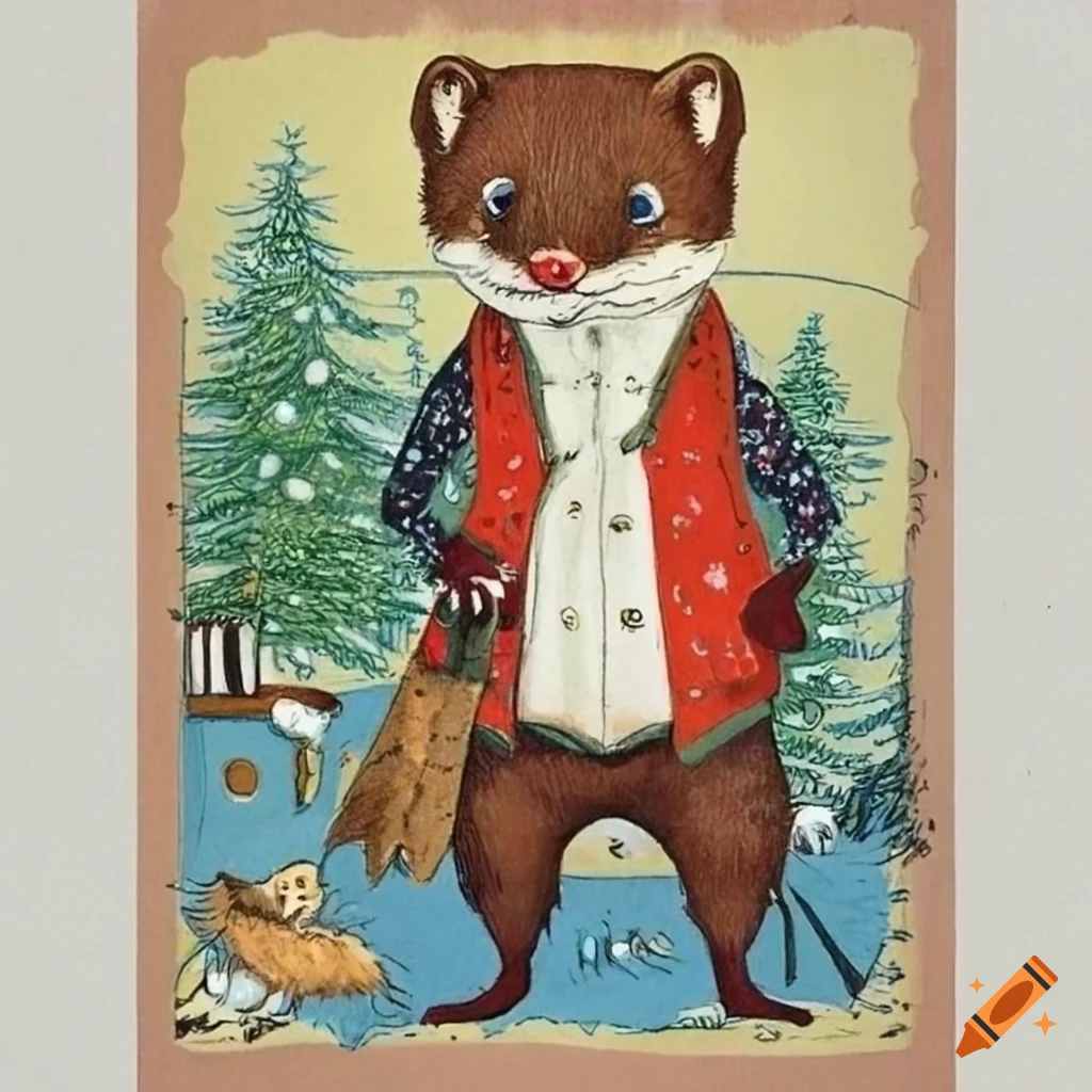 Illustration of a winter weasel in a waistcoat at home on Craiyon