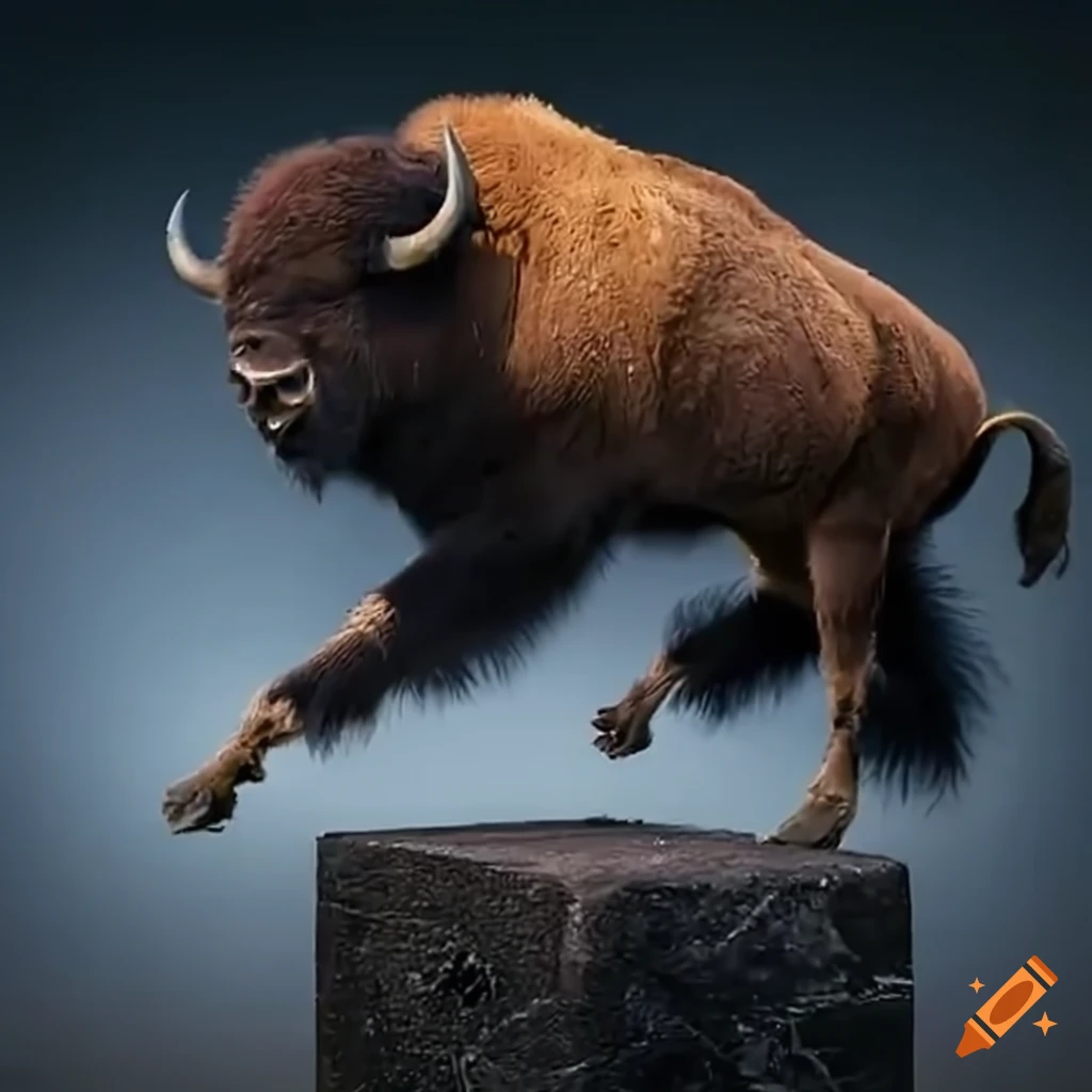 Digital art of a bison jumping over a cube on Craiyon