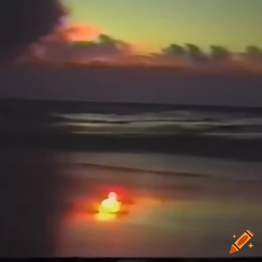 Vintage vhs footage of a dollhouse buried in sand at sunset