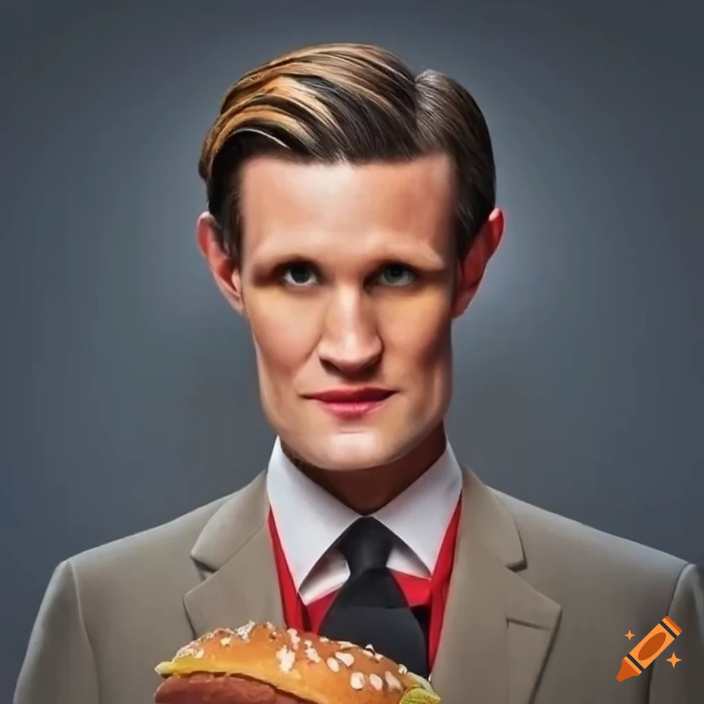 Matt smith in a dark suit holding fork and knife on Craiyon
