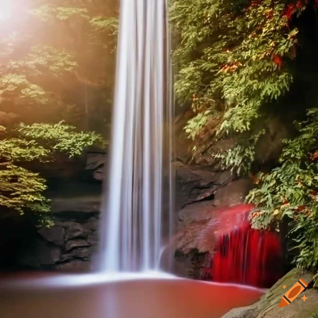 Modern room with a view of red waterfall outside