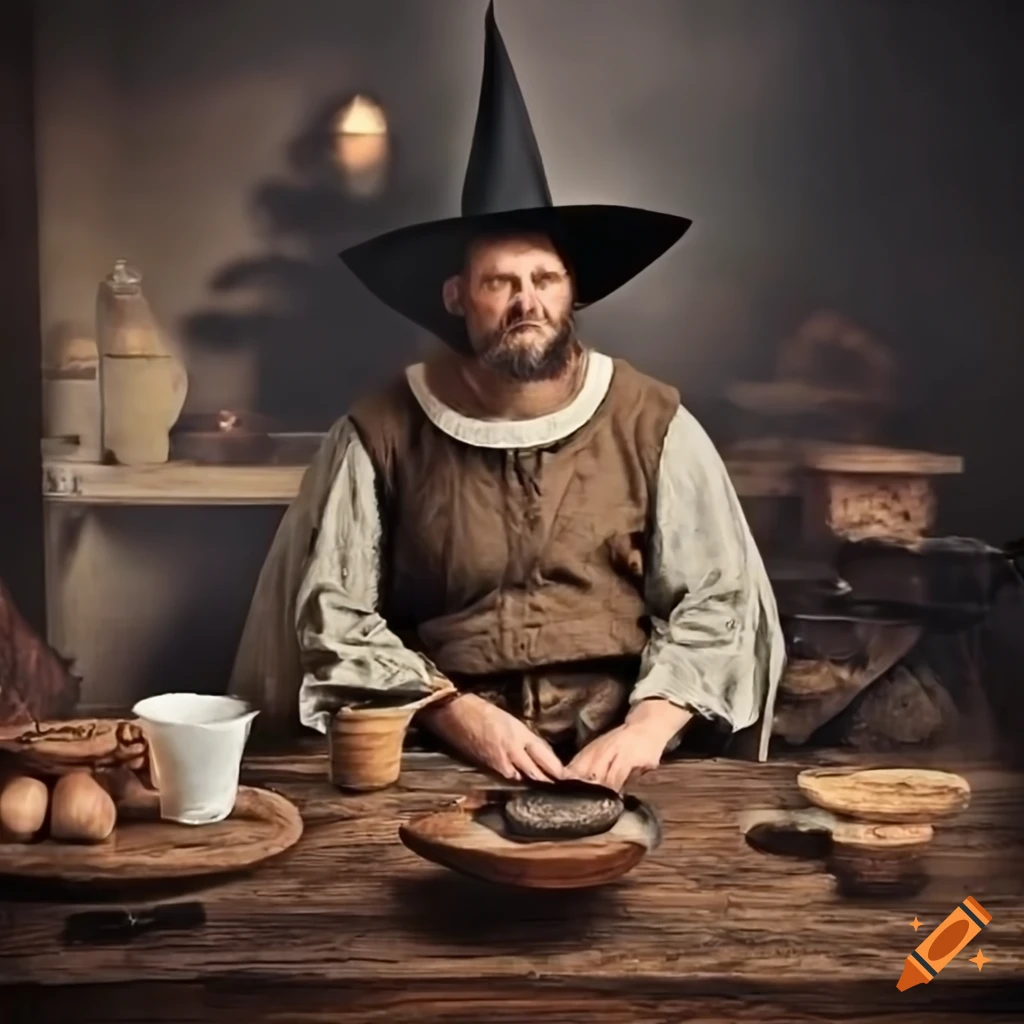 Portrait of a medieval man in a witch kitchen on Craiyon