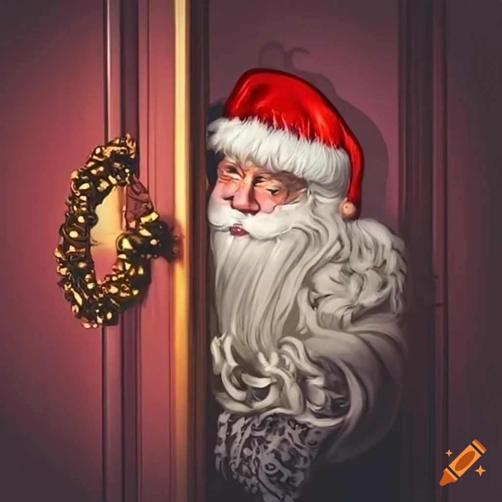 Humorous illustration of Santa Claus knocking on a door on Craiyon