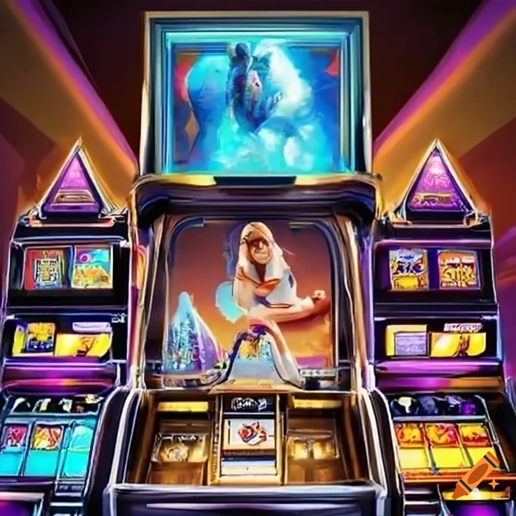 Players at a pyramid slot machine on Craiyon