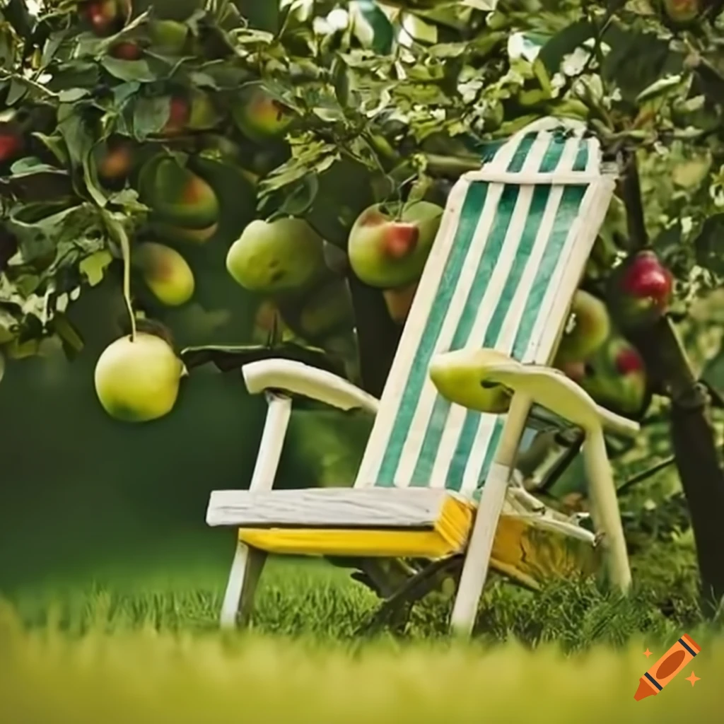 Lawn chair beside an apple tree