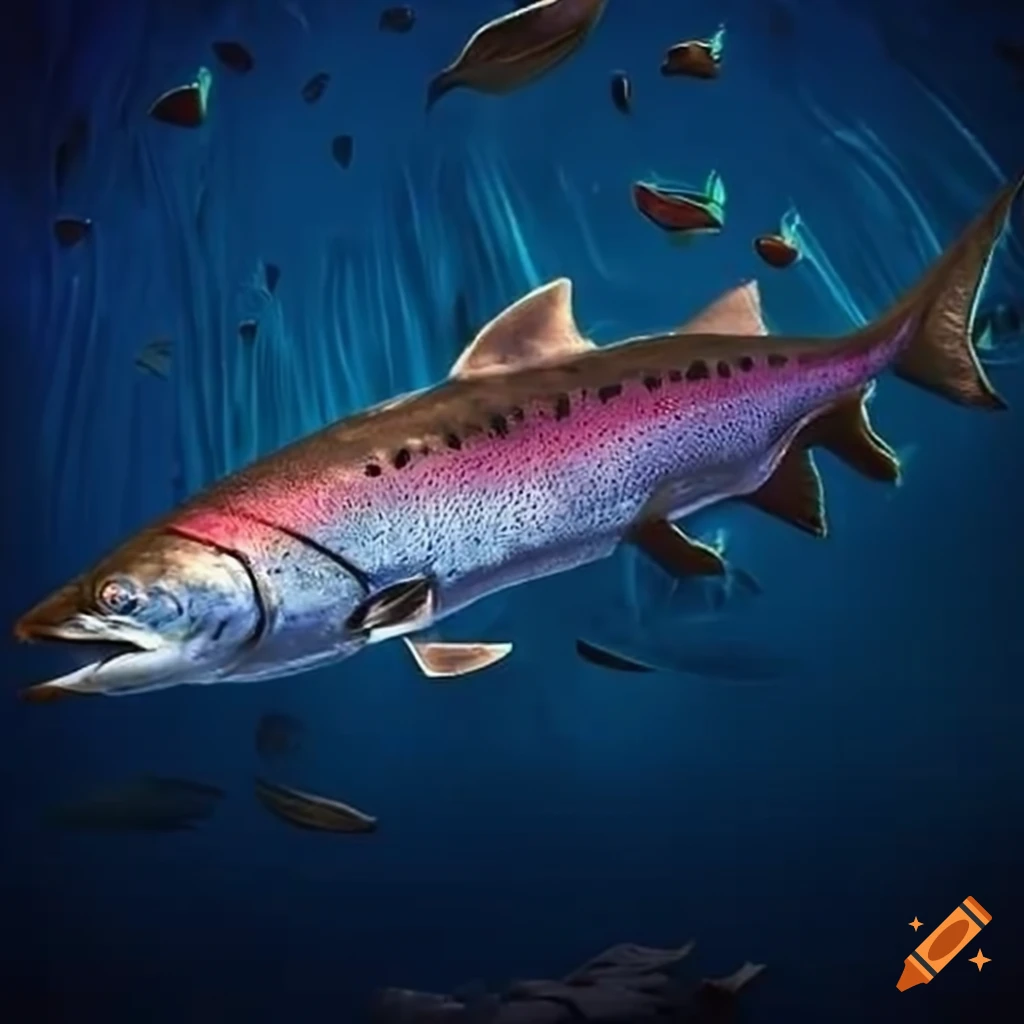 Giant salmon swimming in the river on Craiyon