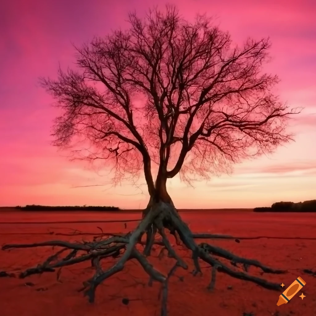 Tree with visible roots under red sky