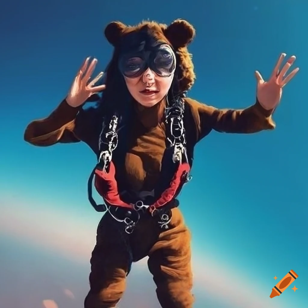 Surreal image of a girl skydiving in a bear costume