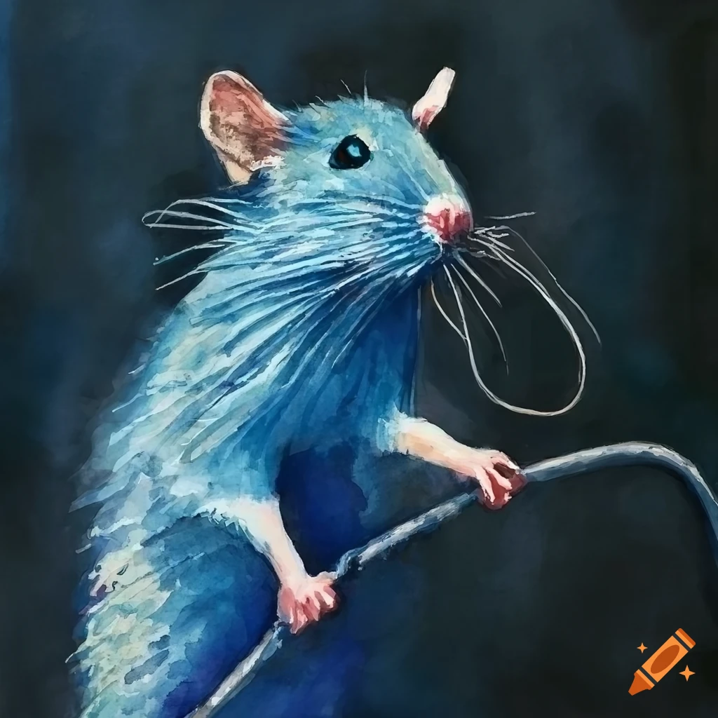 Watercolor painting of a blue rat with a walking cane on Craiyon