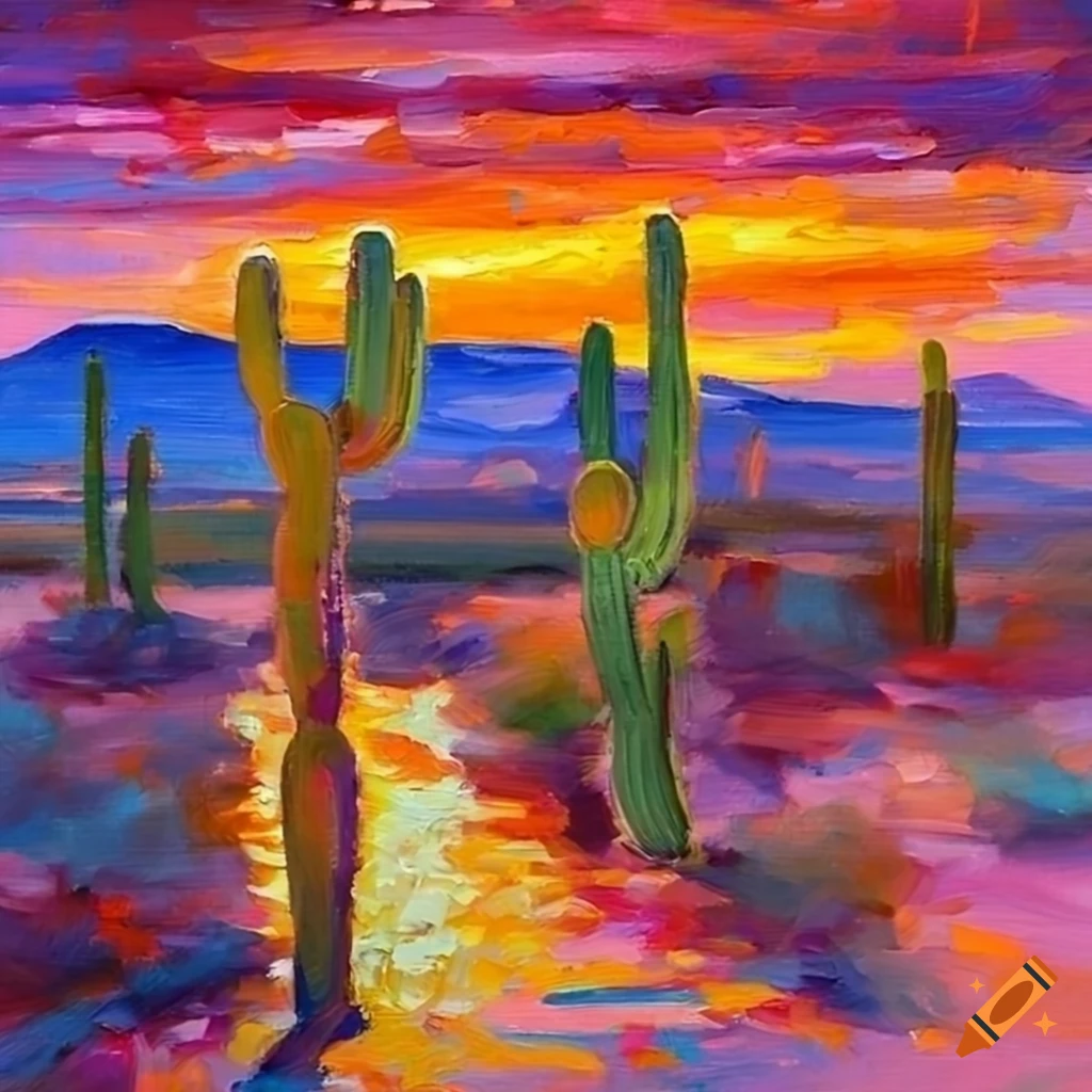 Oil painting of colorful desert landscape with cactus on Craiyon