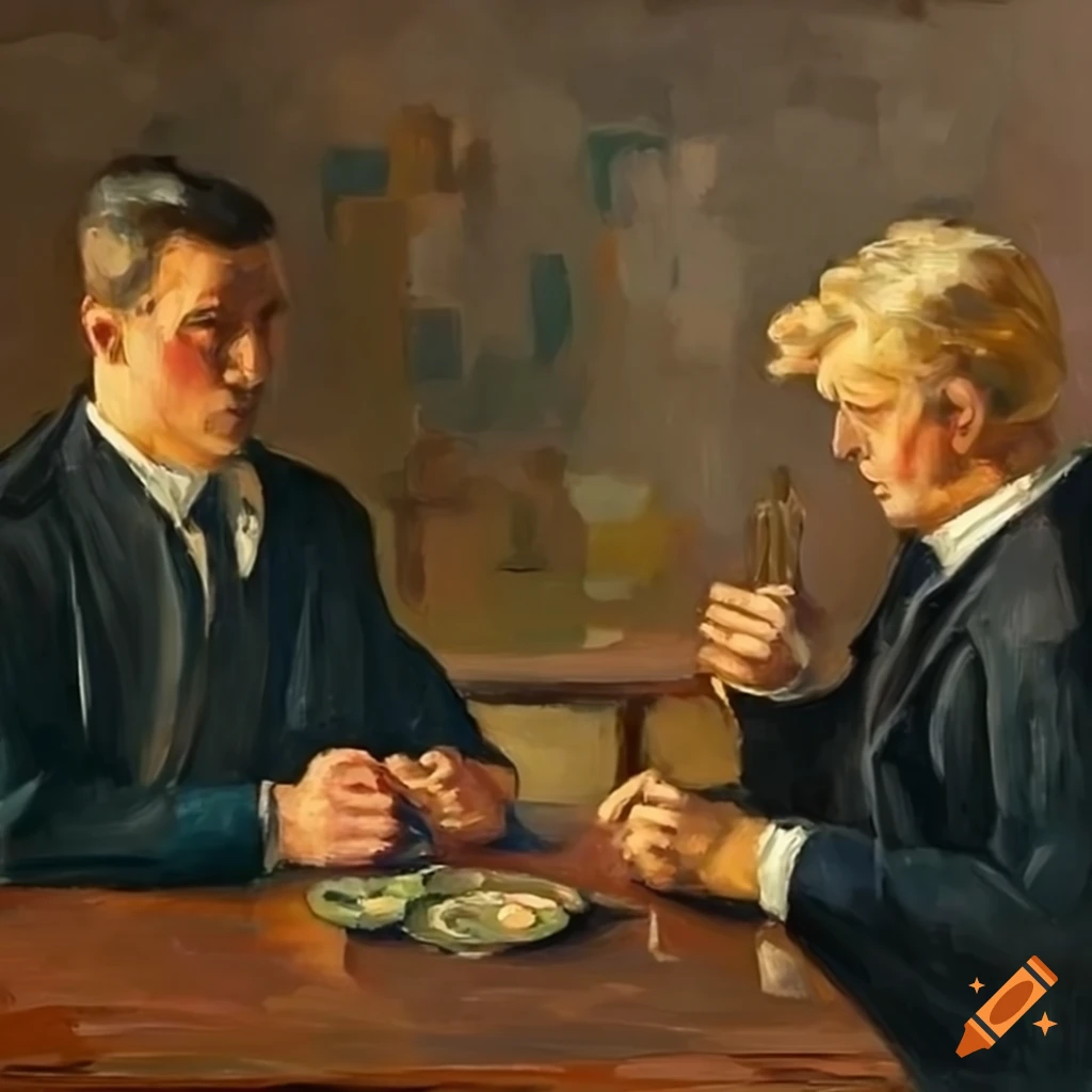 Impressionist painting of two men exchanging money in a restaurant on ...