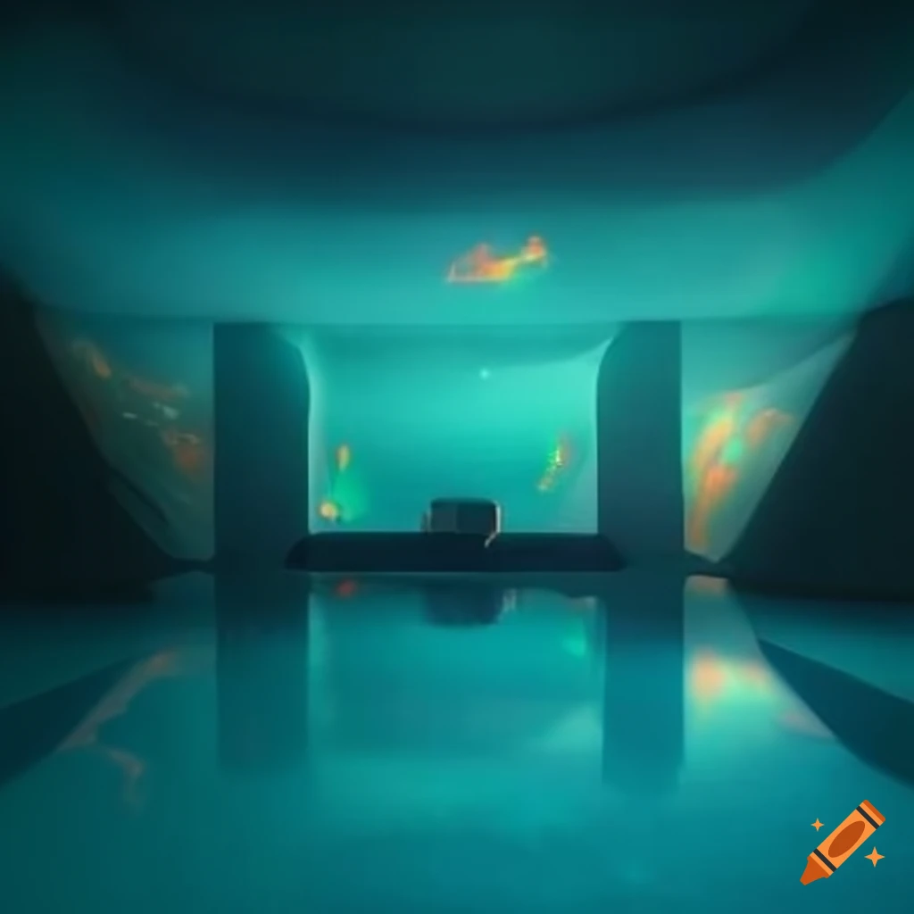 Eerie fantasy artwork of Opal Frutiger Aero swimming pool on Craiyon