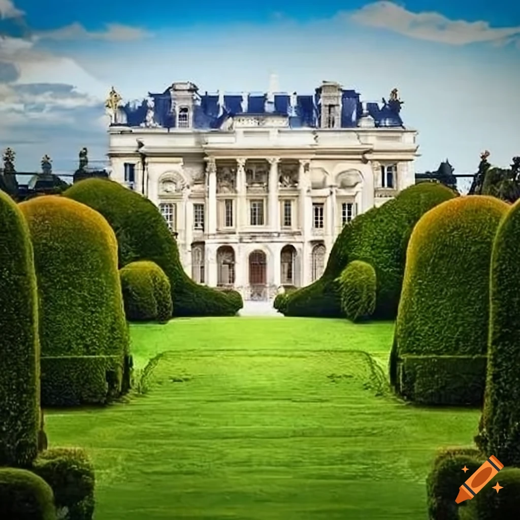 Opulent mansion with sprawling gardens and marble facade on Craiyon