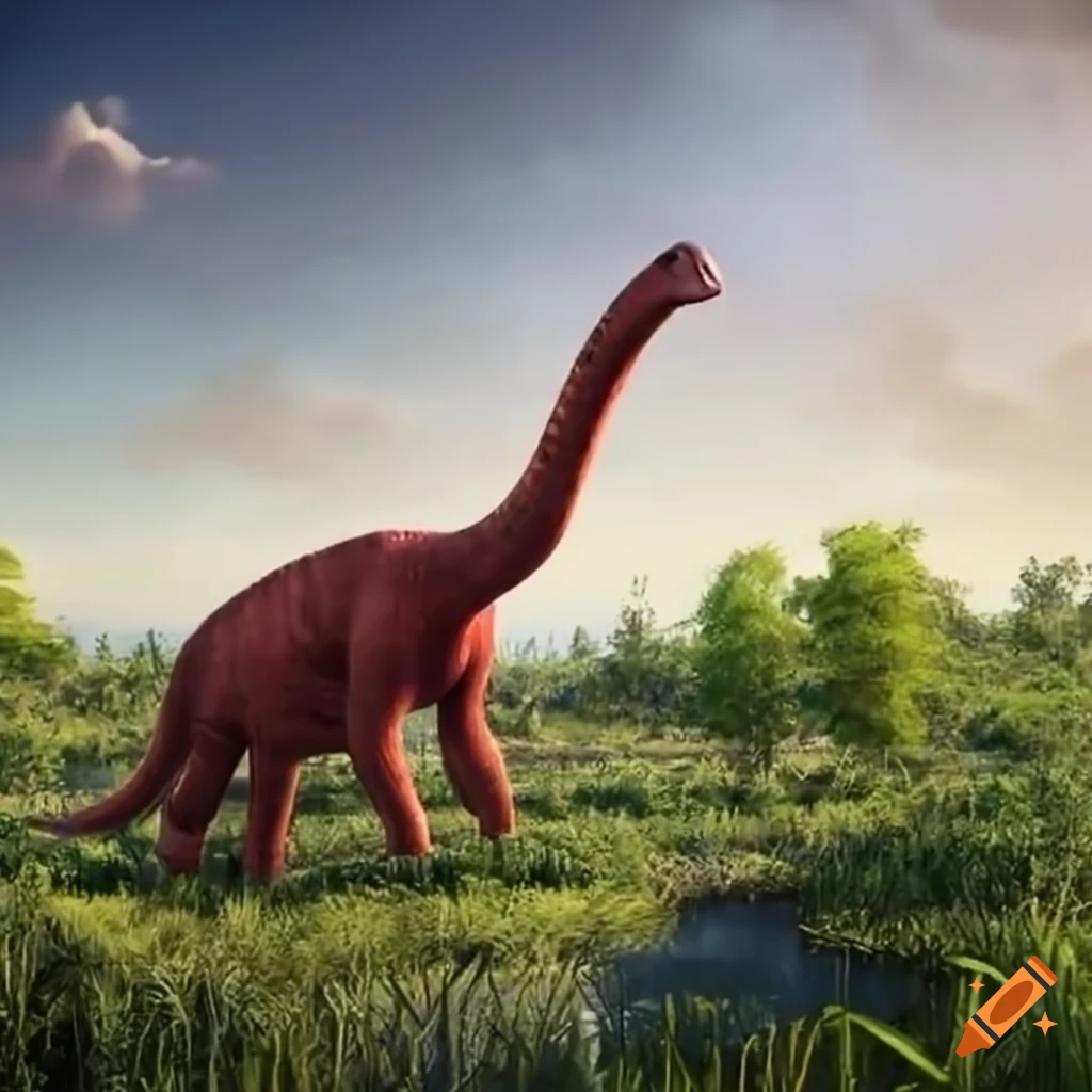Image of a giant red brachiosaurus in a wild and sunny forest on Craiyon