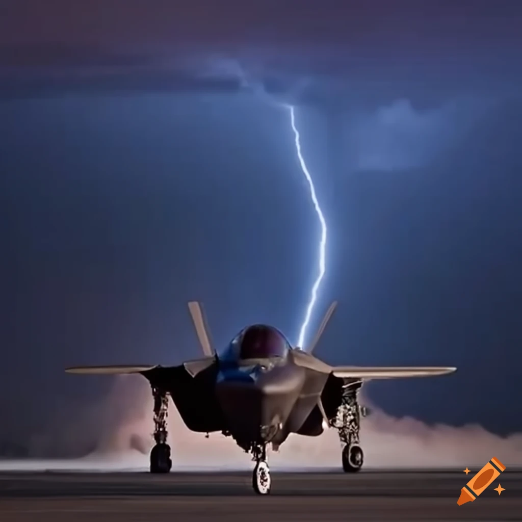 F-35 fighter jet landing under thunderstorm and lightning on Craiyon
