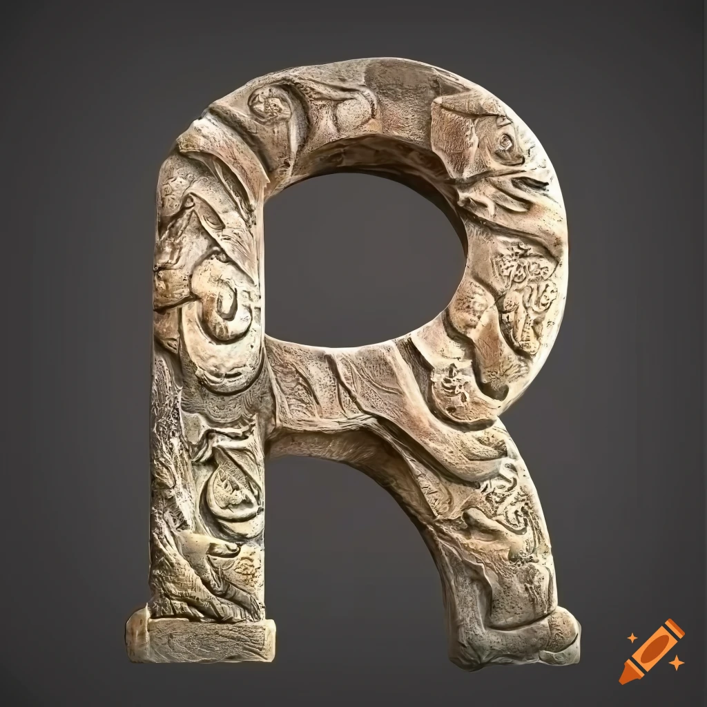 Ultra realistic stone letter "l" with etruscan fish carvings