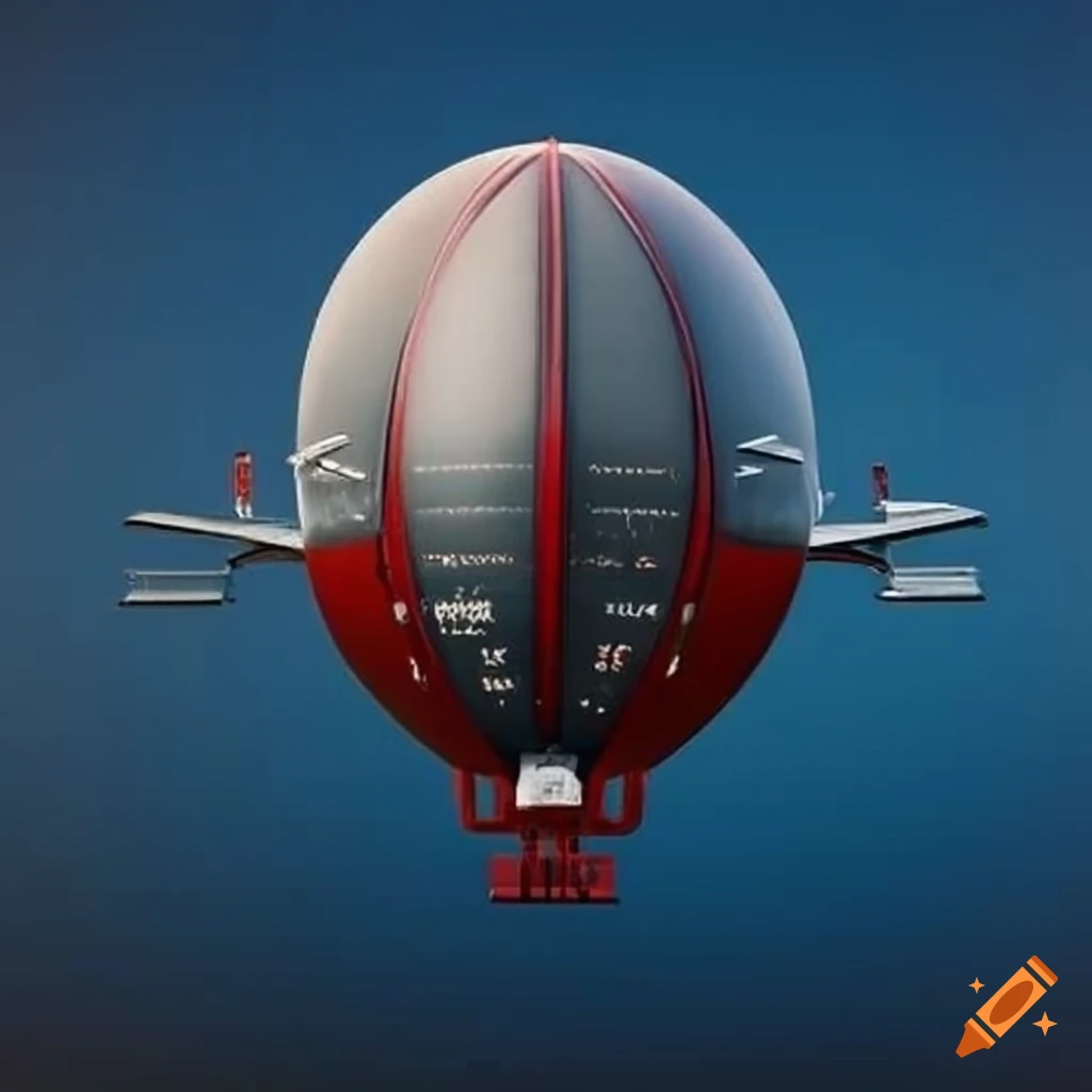 Steel gray and dark reds dirigible flying over deep blue ocean on Craiyon