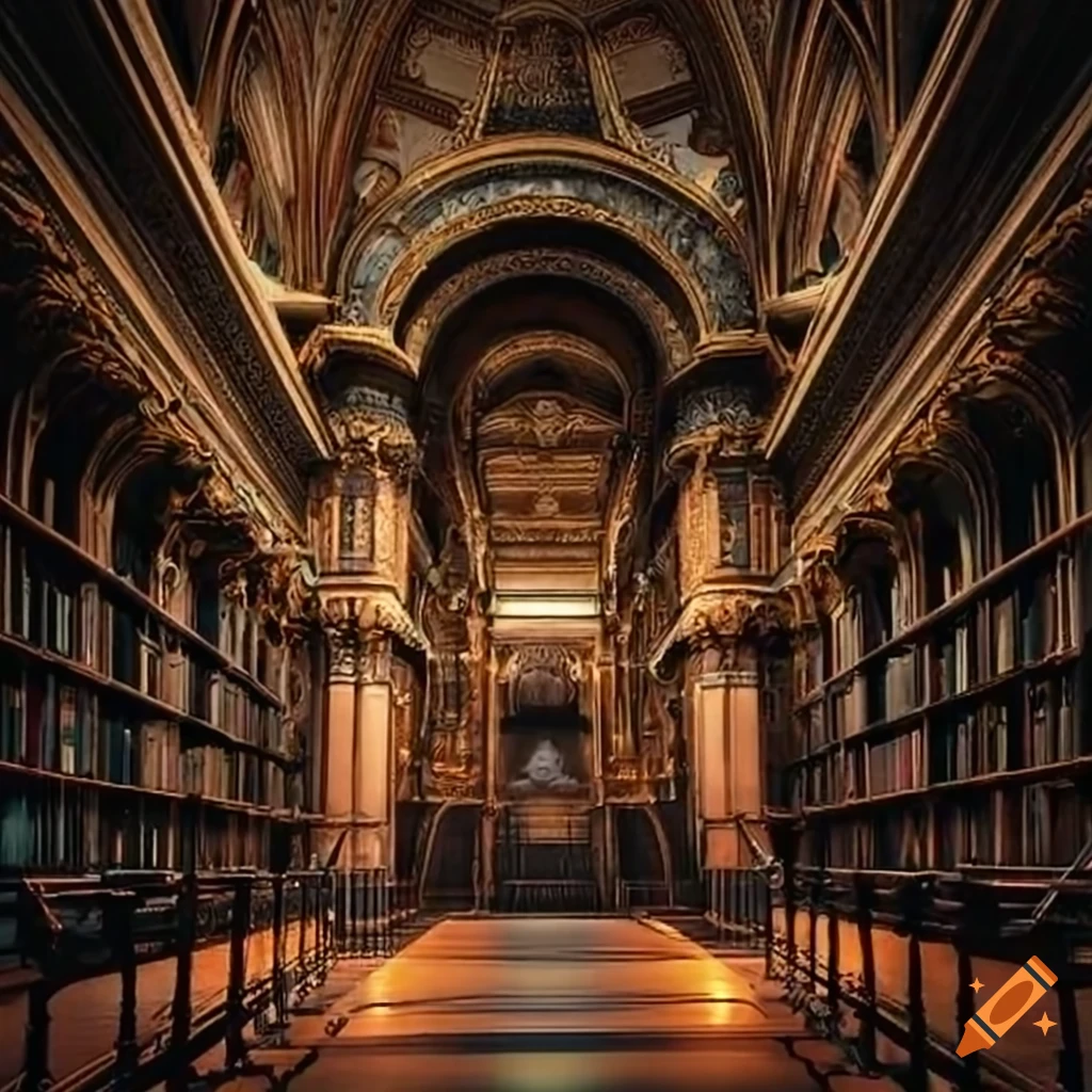 An evocative illustration of a grand library, with towering shelves of ...