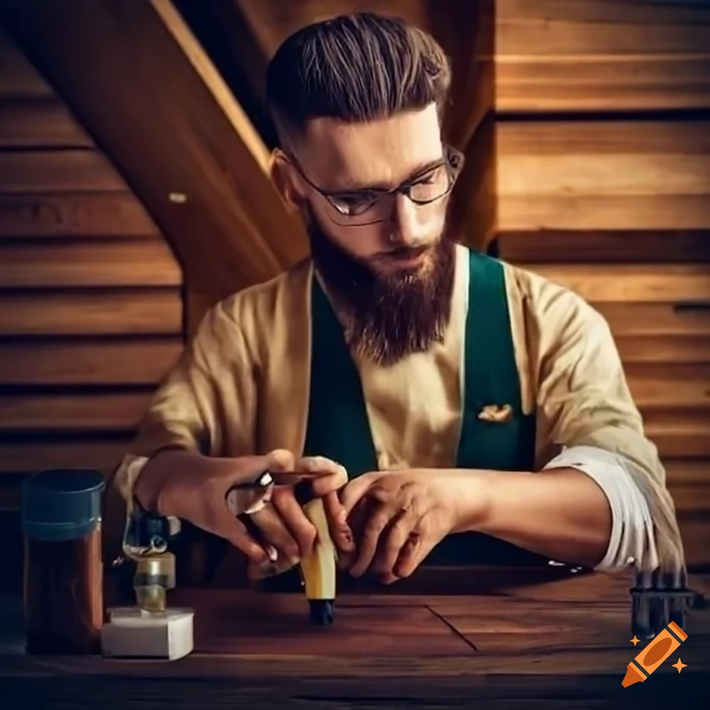 Barber crafting natural products in a wood cabin