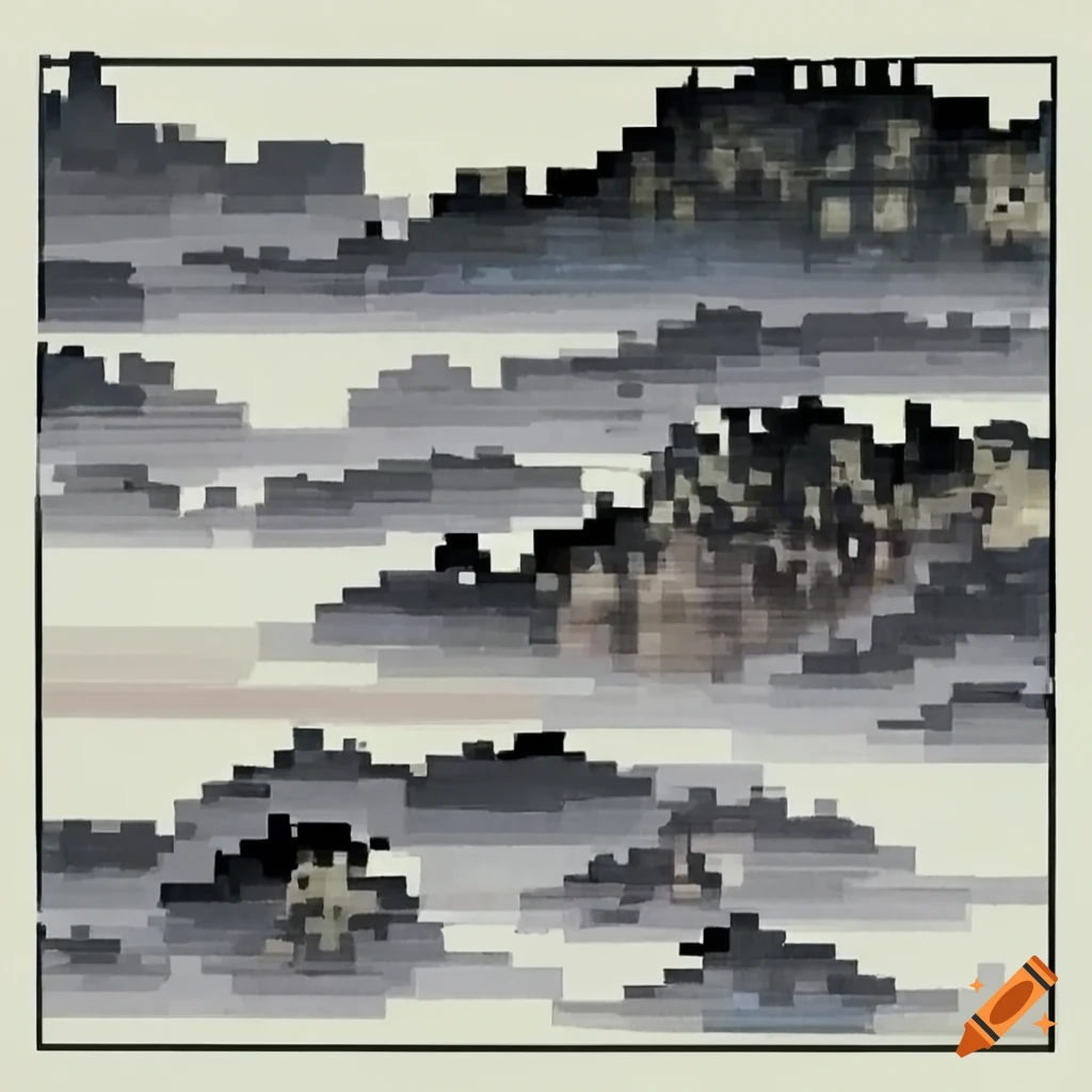 Chinese ink painting of rivers in pixel art