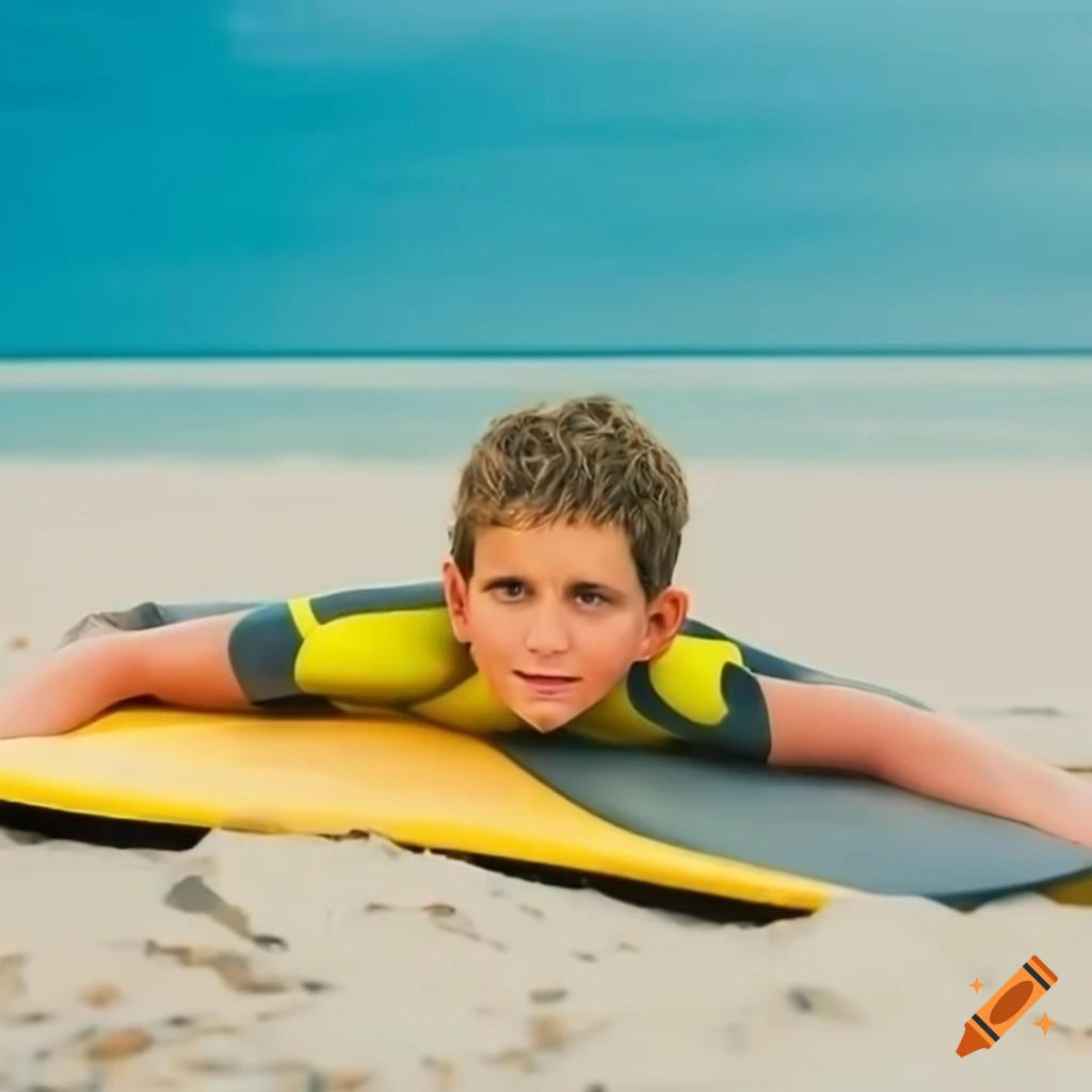Surfer boy in a yellow and grey shorty wetsuit on the beach on Craiyon