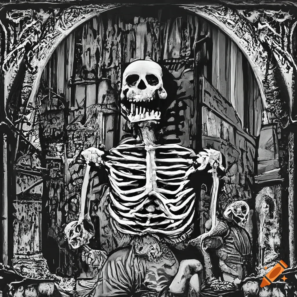 Thrash metal album cover with a skeleton creature in a cemetery on Craiyon