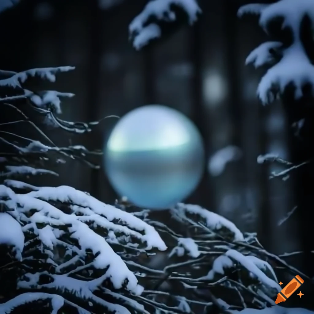 Metallic sphere flying through a snowy forest