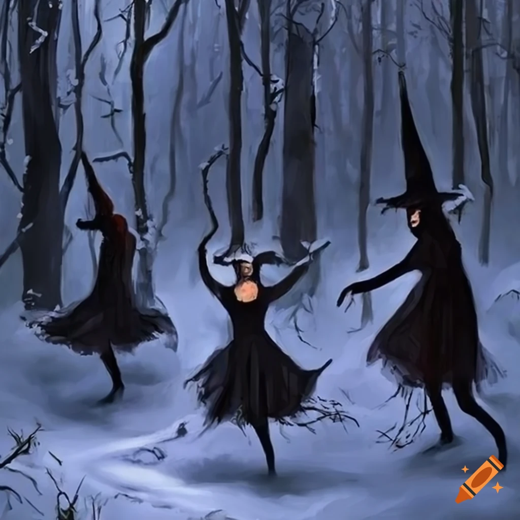 Painting of witches dancing in a snowy forest on Craiyon