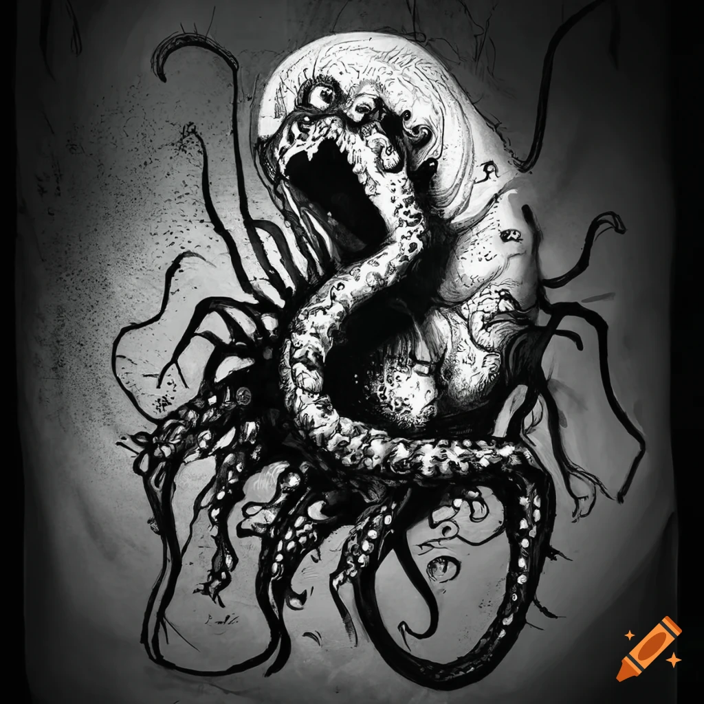 Black and white lovecraftian deep sea monster drawing