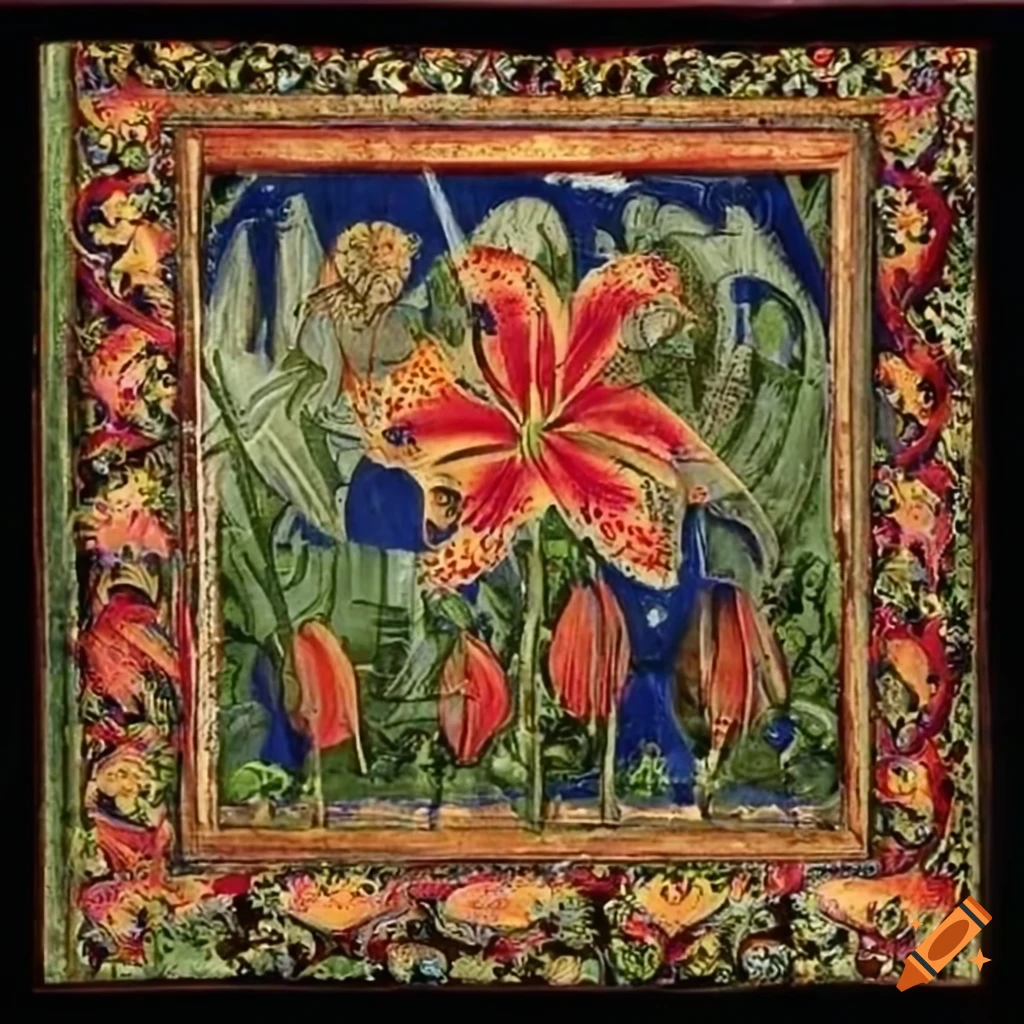 Illuminated manuscript style painting of colorful tiger-lilies on Craiyon