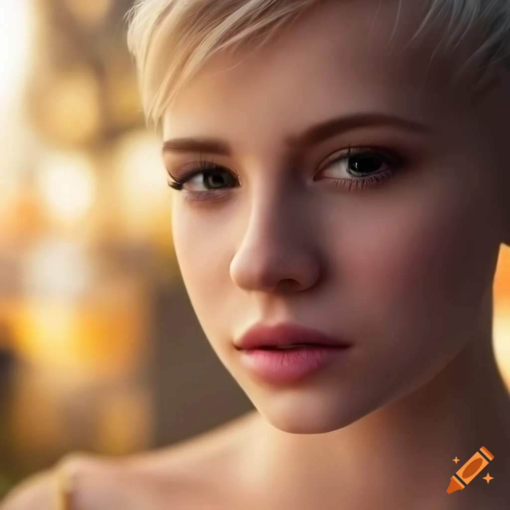 Portrait of a young woman with realistic light eyes and blonde pixie cut on Craiyon