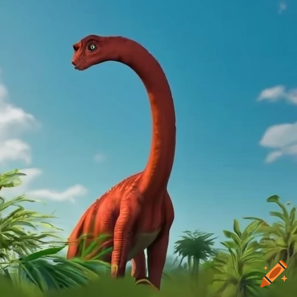 Red brachiosaurus in a sunny jungle on Craiyon