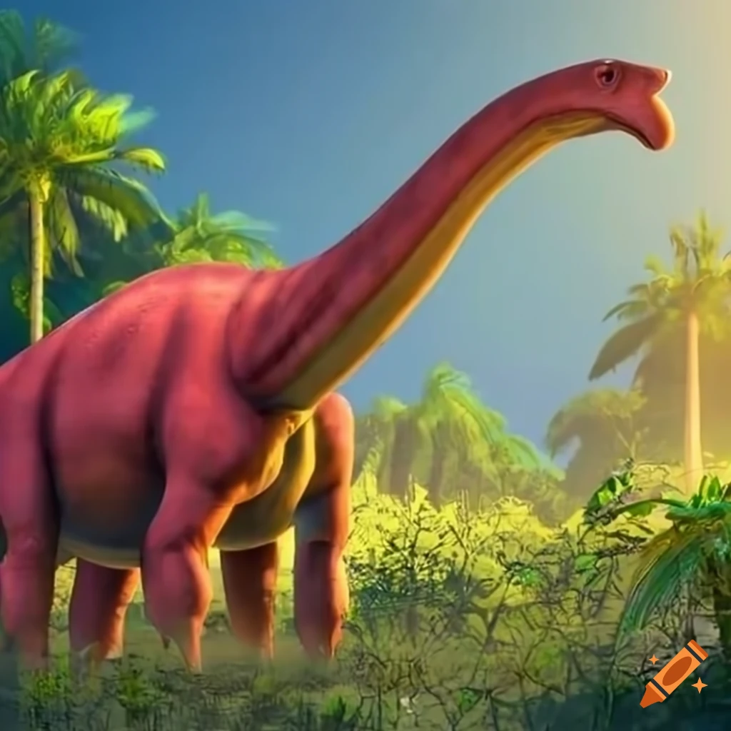 Red brachiosaurus in tall vegetation