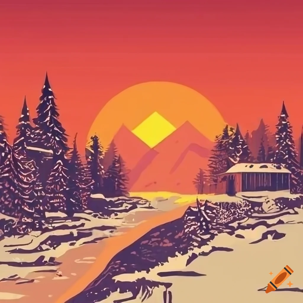 Minimal woodcut of winter scene with river and trees on Craiyon