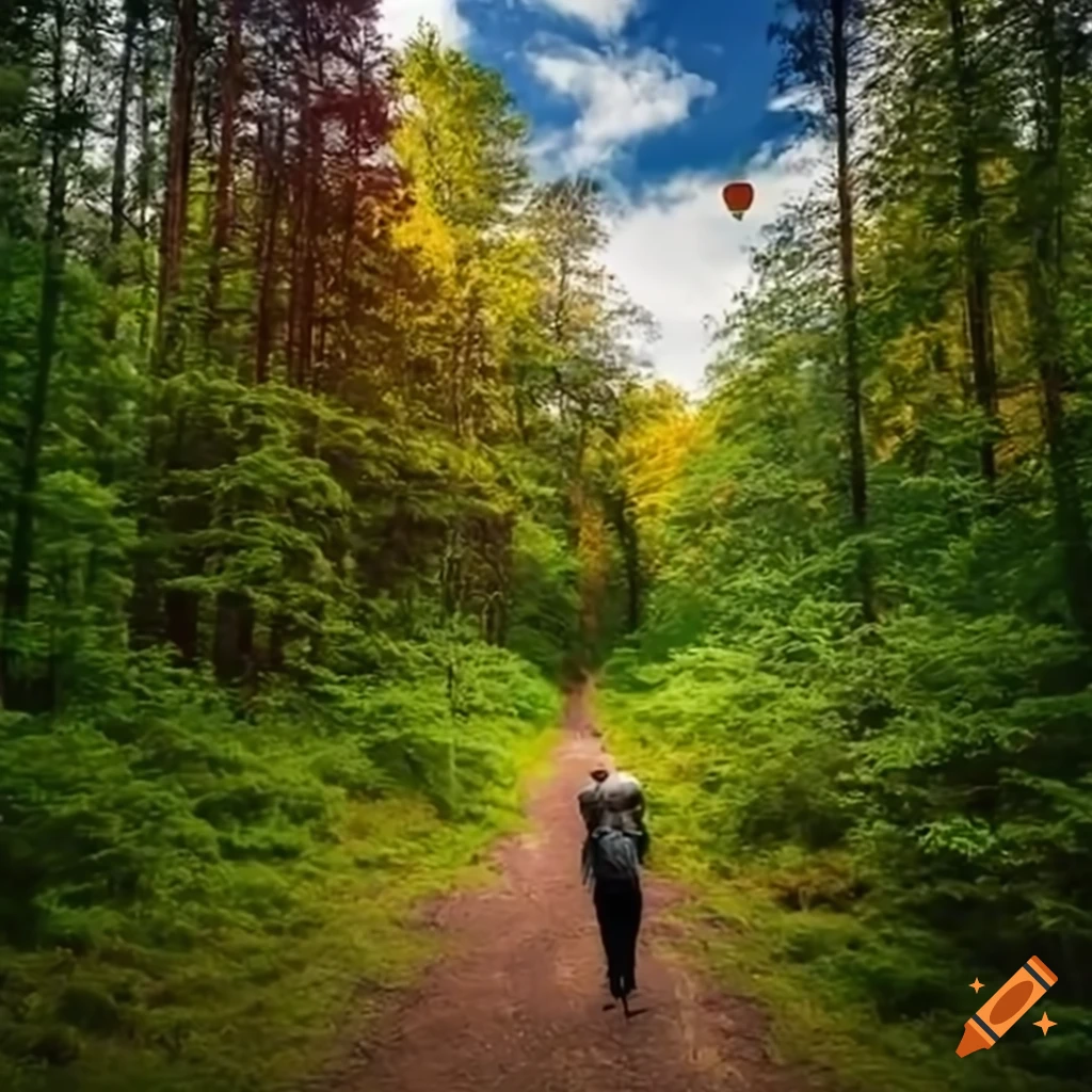 Male hiking through a sunny forest on Craiyon