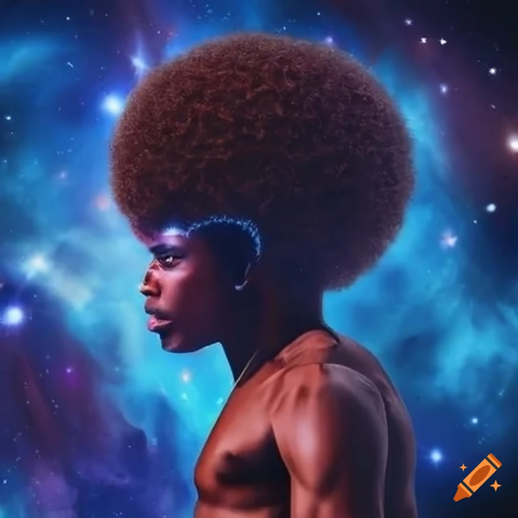 Cosmic male with futuristic afro exploring galaxies