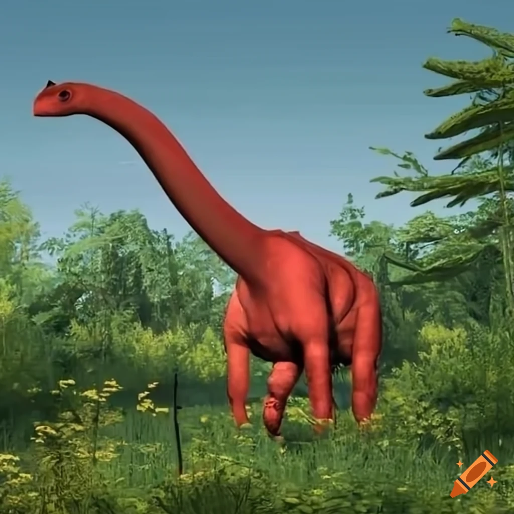 Image of a red brachiosaurus in tall vegetation on Craiyon
