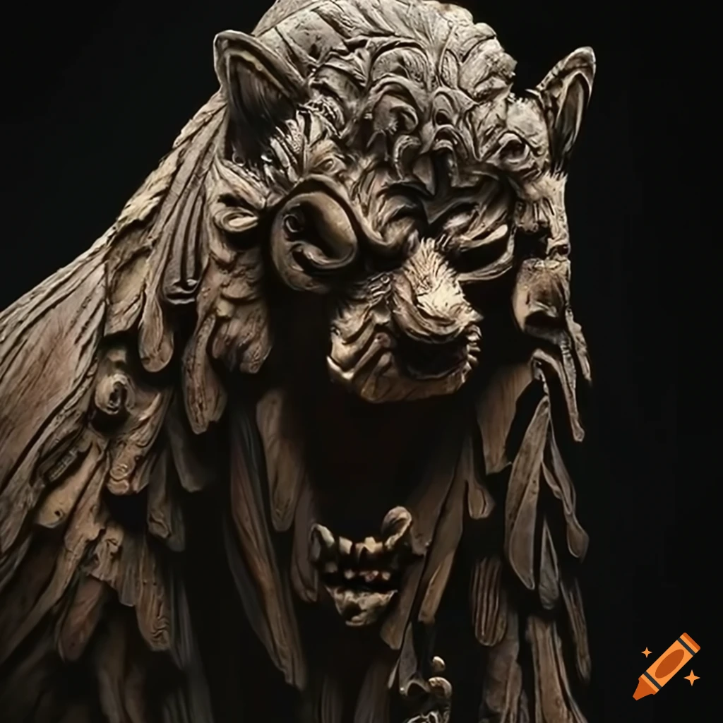 Detailed architectural carving with werewolf motif