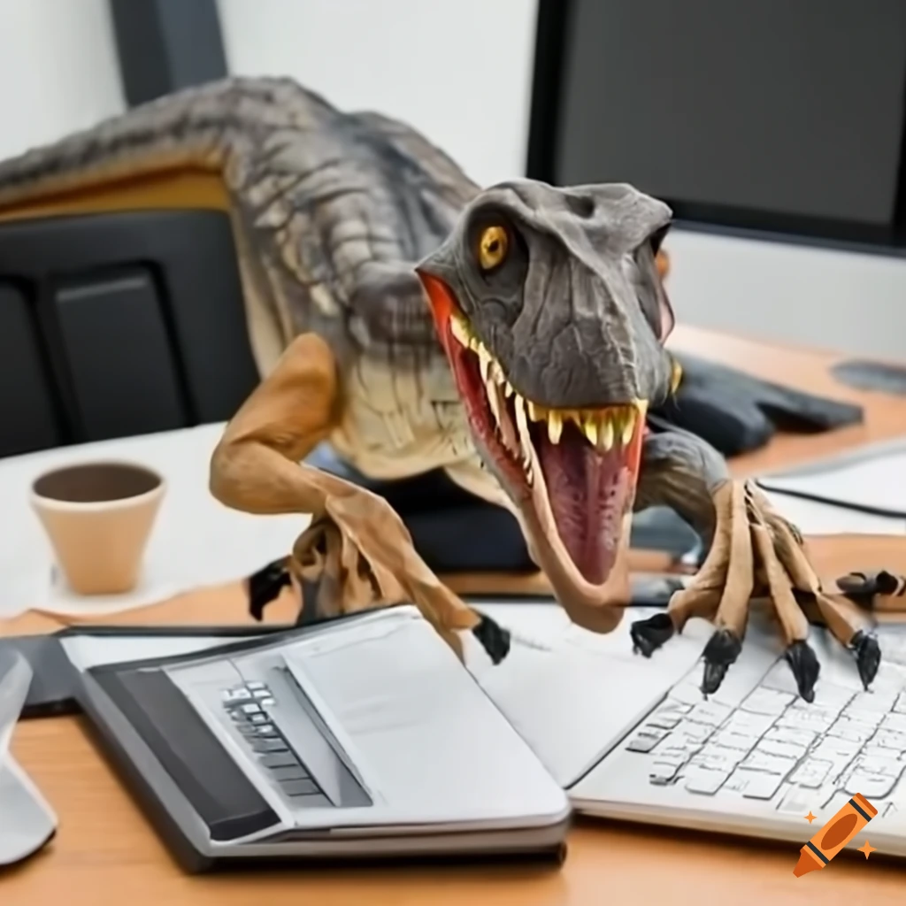 Humorous illustration of a velociraptor at the office
