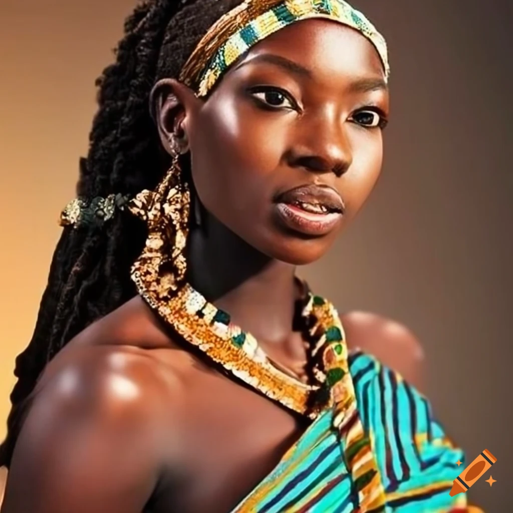 African woman with dark black skin, serious expression, and long black dreadlocks with gold ...